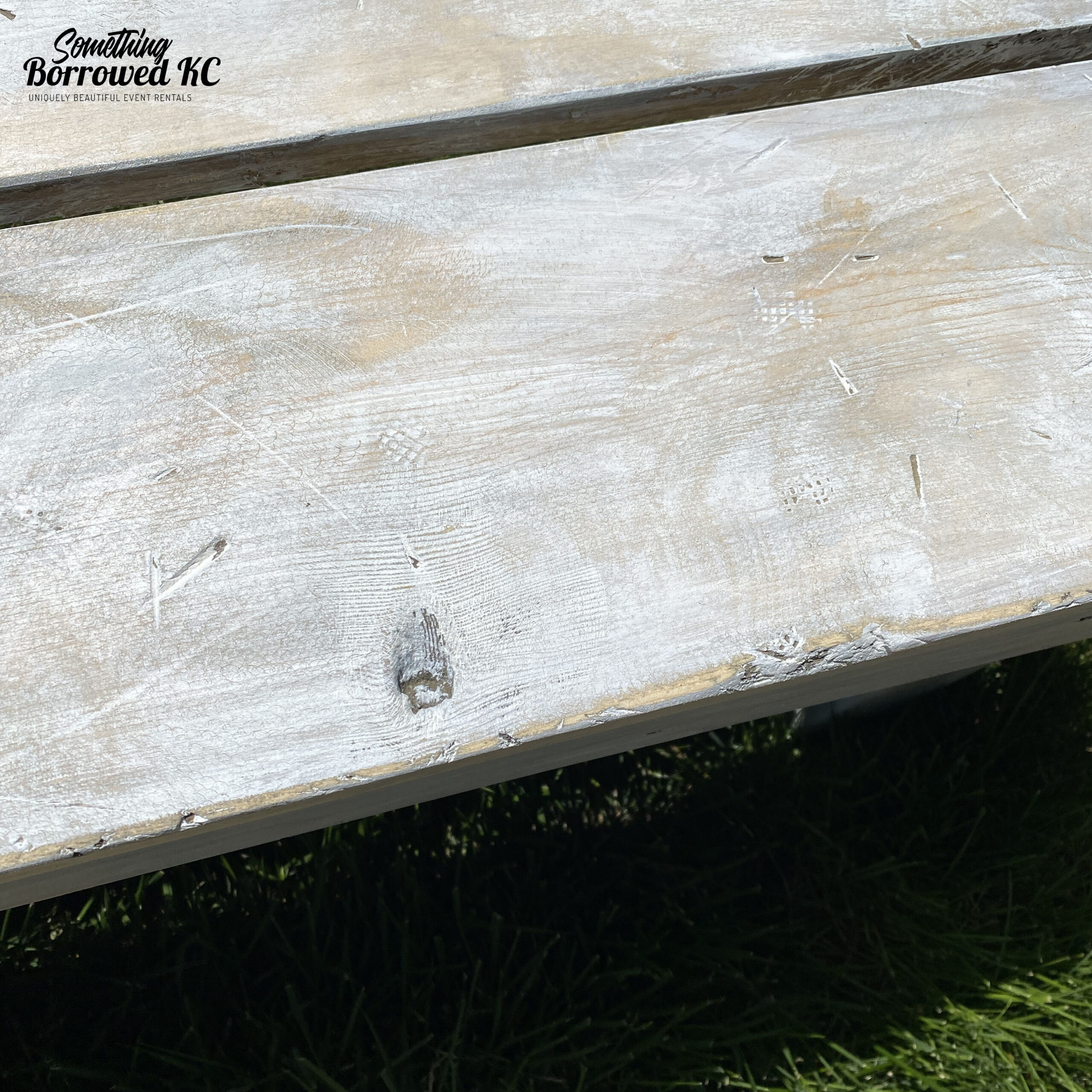 Long Whitewashed Farmhouse Bench – $10 | Something Borrowed KC